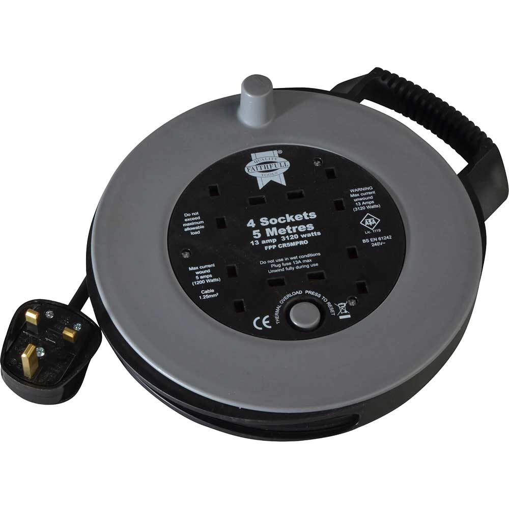 Faithfull 4 Socket Slim Cable Reel 240v | Cable Extension Reels