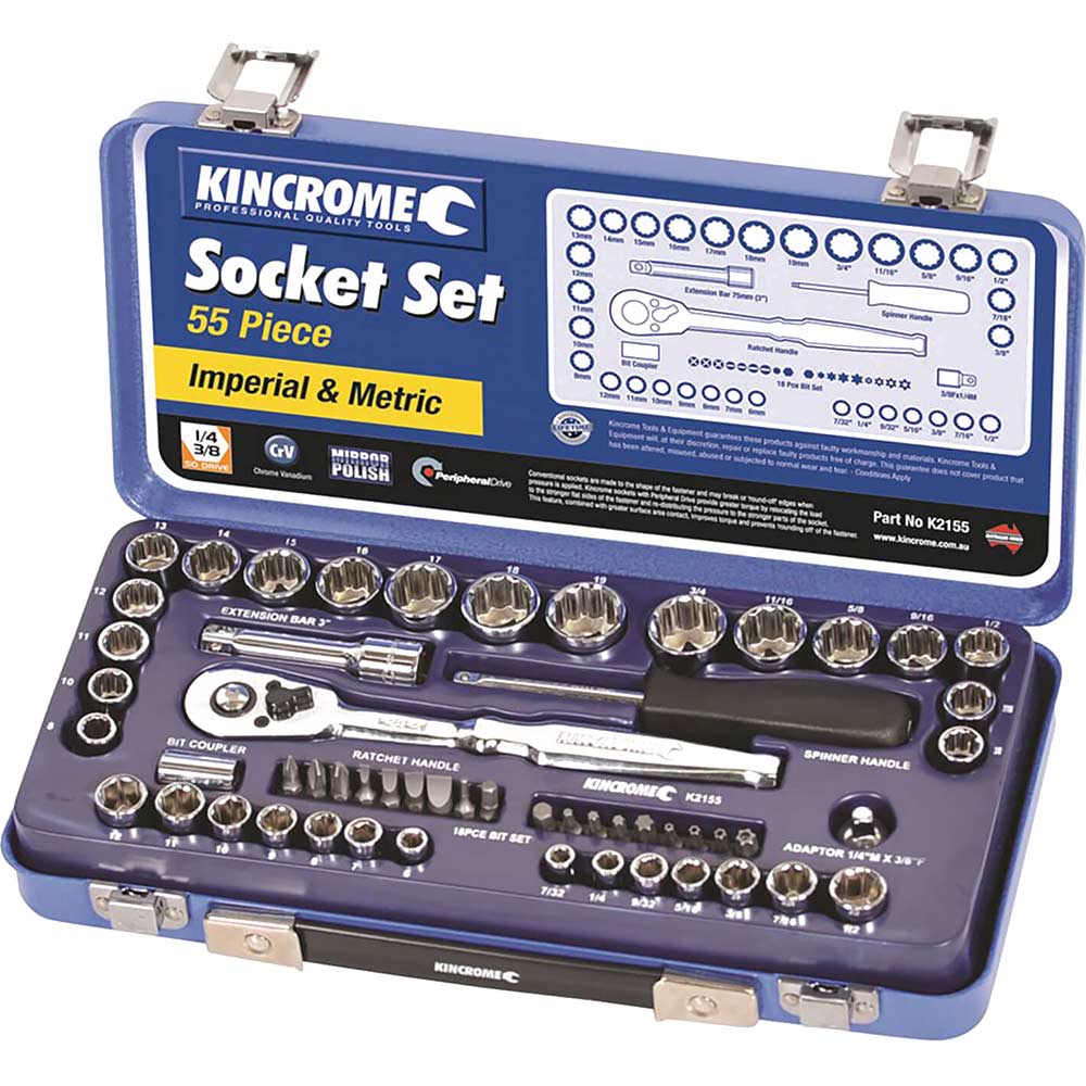 Kincrome 55 Piece 1/4" and 3/8" Drive Socket Set Metric and Imperial ...