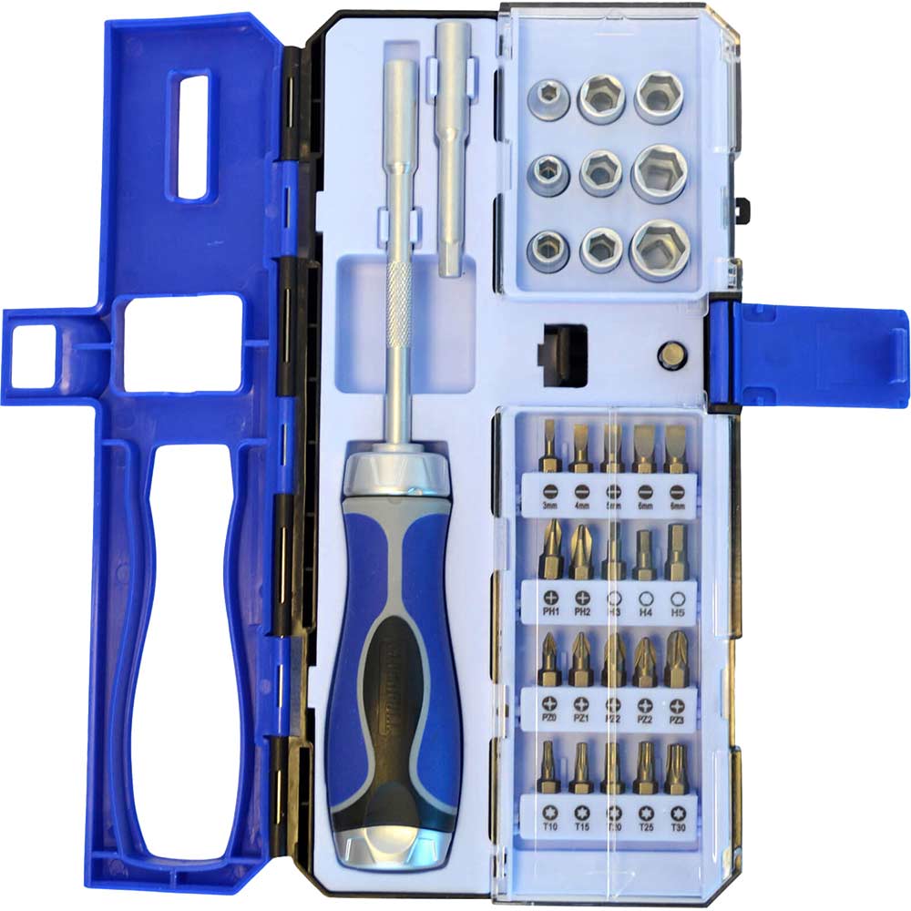 Faithfull Ratchet Bit Holder Screwdriver and 29 Piece Socket and Bit ...